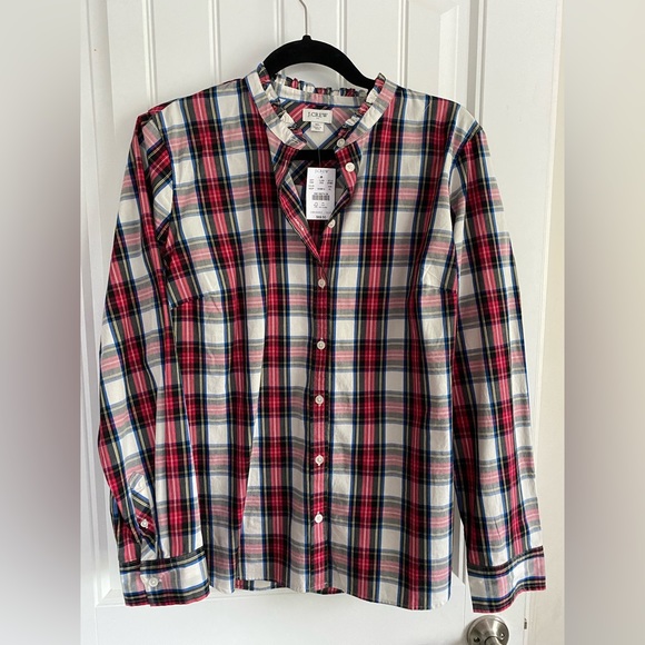 J. Crew | Tops | J Crew Ruffle Neck Plaid Cotton Buttondown | Poshmark
